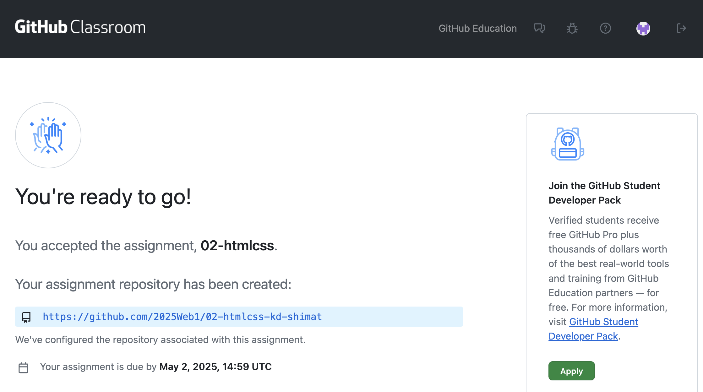 GitHub Classroomからclone用URLを取得 · 02-html-css